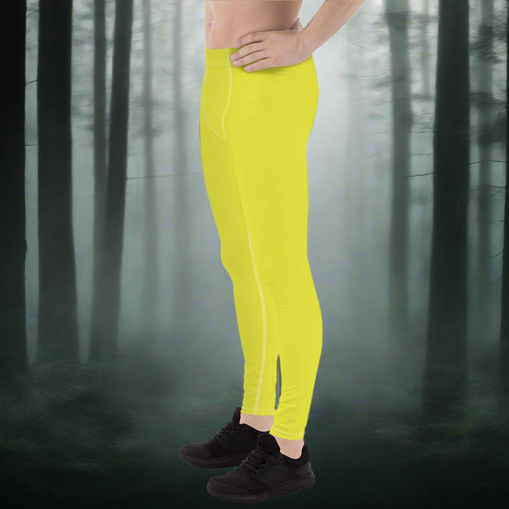 Yellow Solid Color Men's Leggings, Solid Lemon Bright Yellow Color Men ...