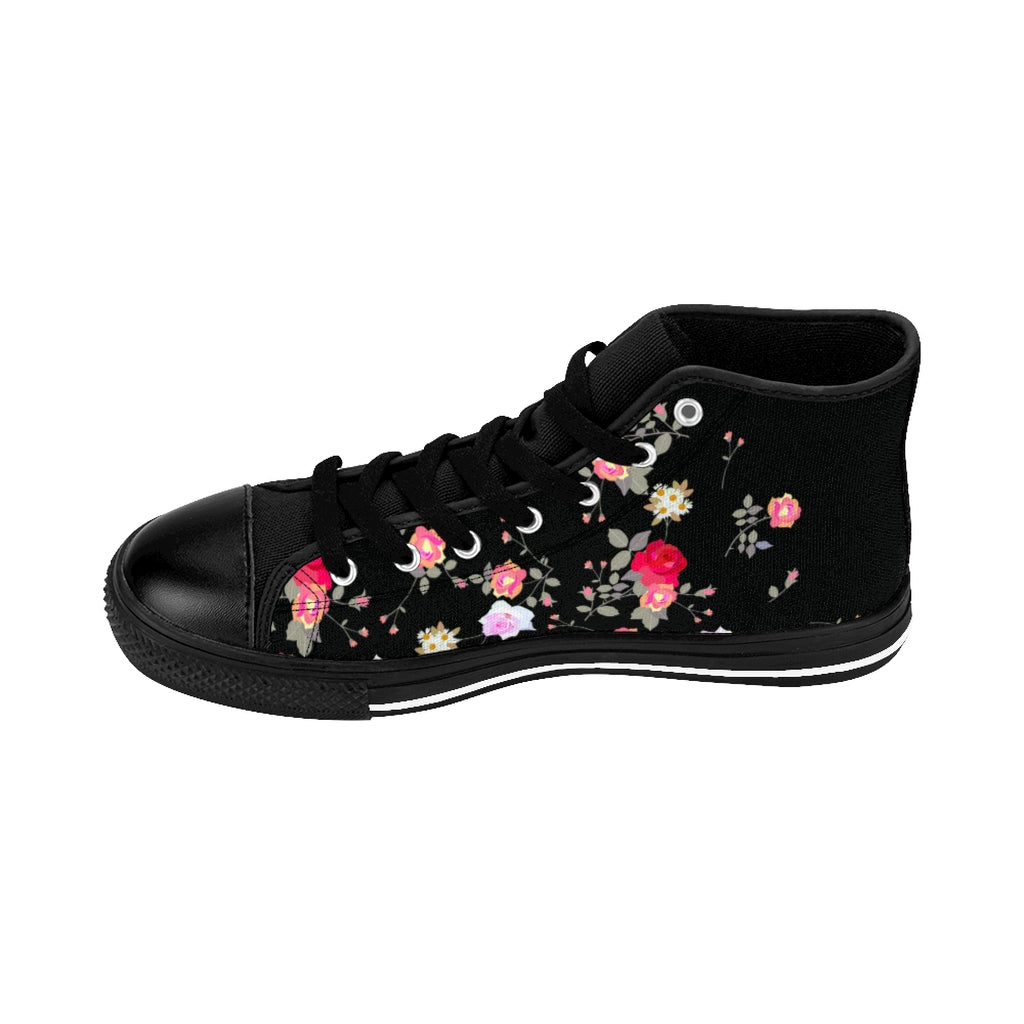 Black Floral Women's Sneakers, Rose Flower Print Designer High-top ...