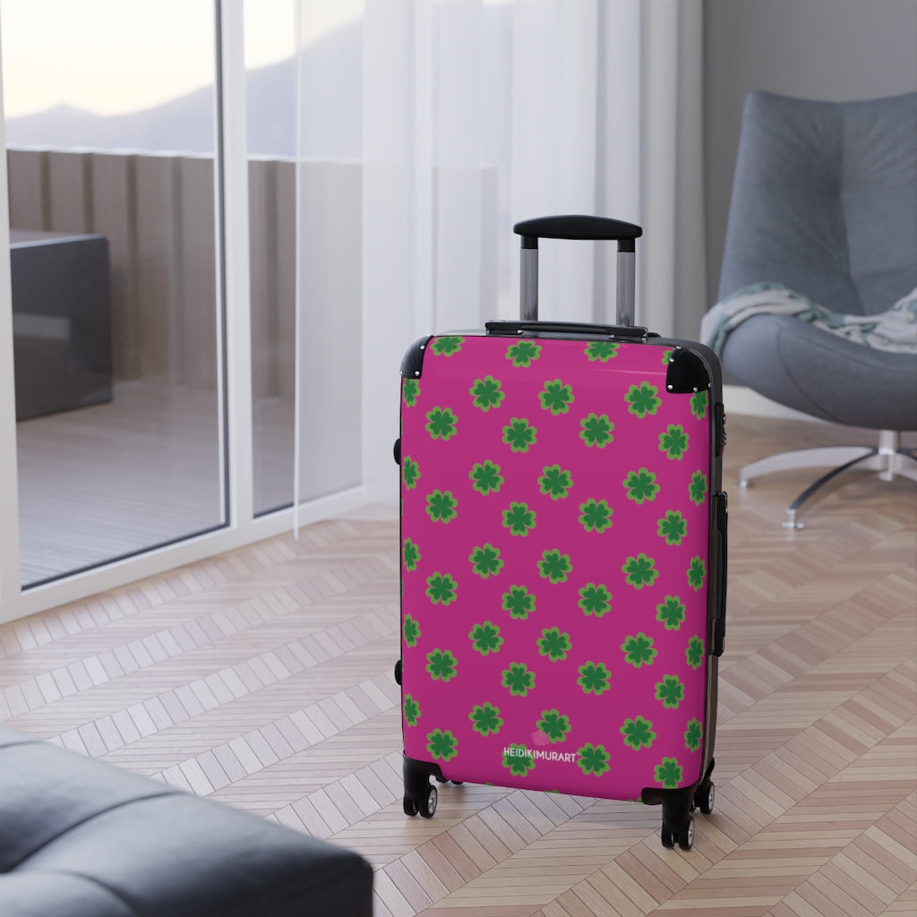 Hot Pink Clover Print Suitcases, Irish Style St. Patrick's Day Designer ...