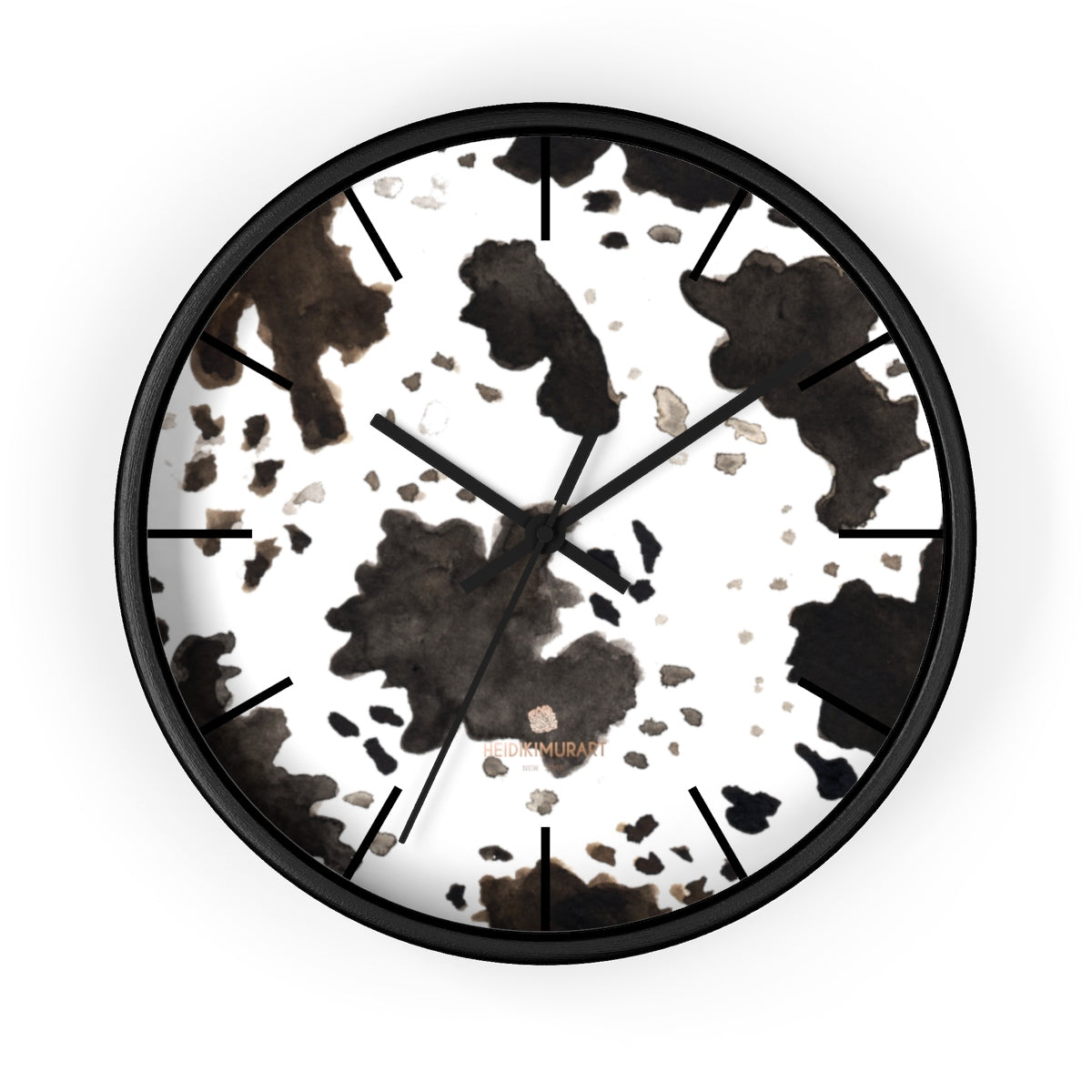 Cow Print White Black Brown Indoor Wooden Frame 10" Dia. Wall Clock ...