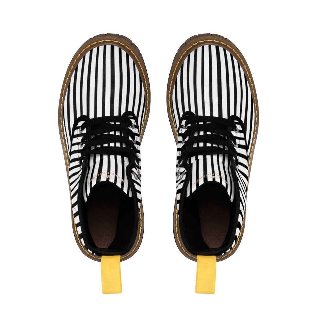 Black Striped Women's Canvas Boots, Vertical Stripes Print Winter ...