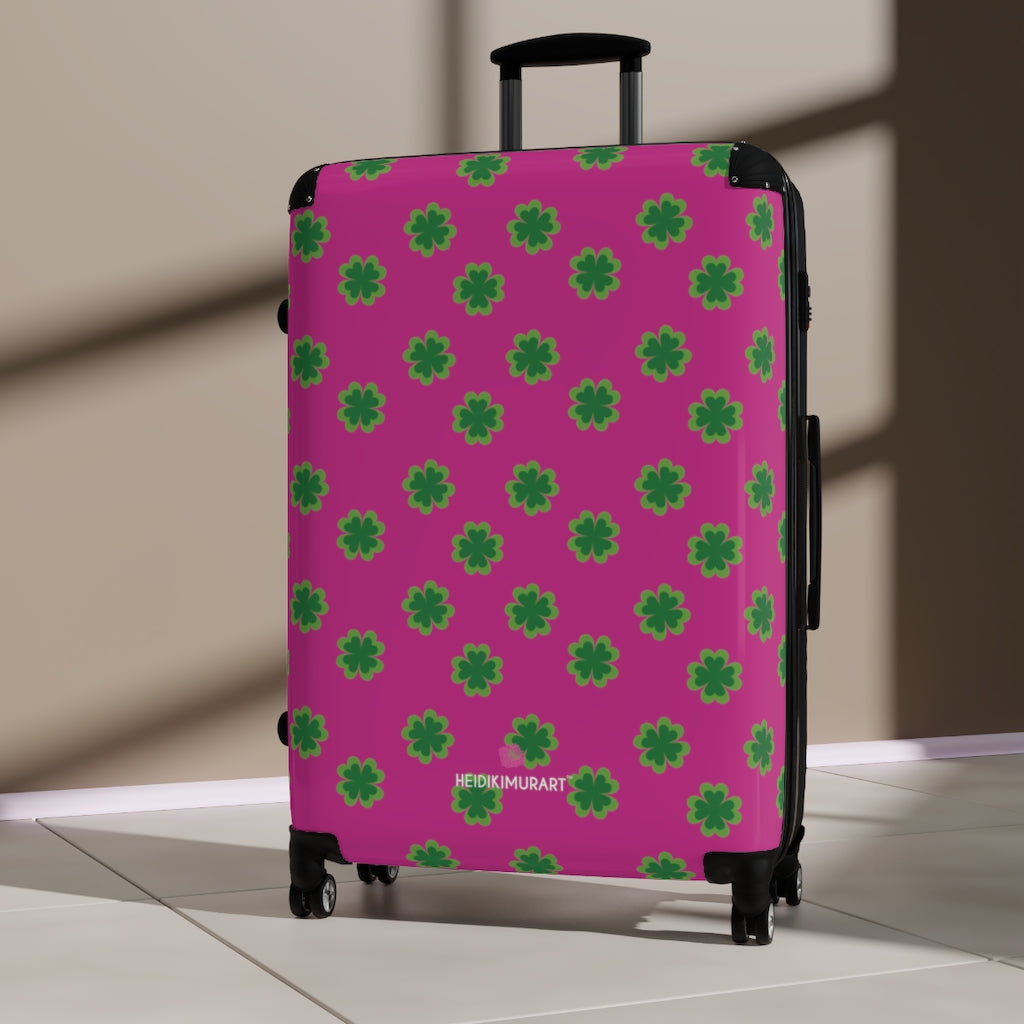 Hot Pink Clover Print Suitcases, Irish Style St. Patrick's Day Designer ...