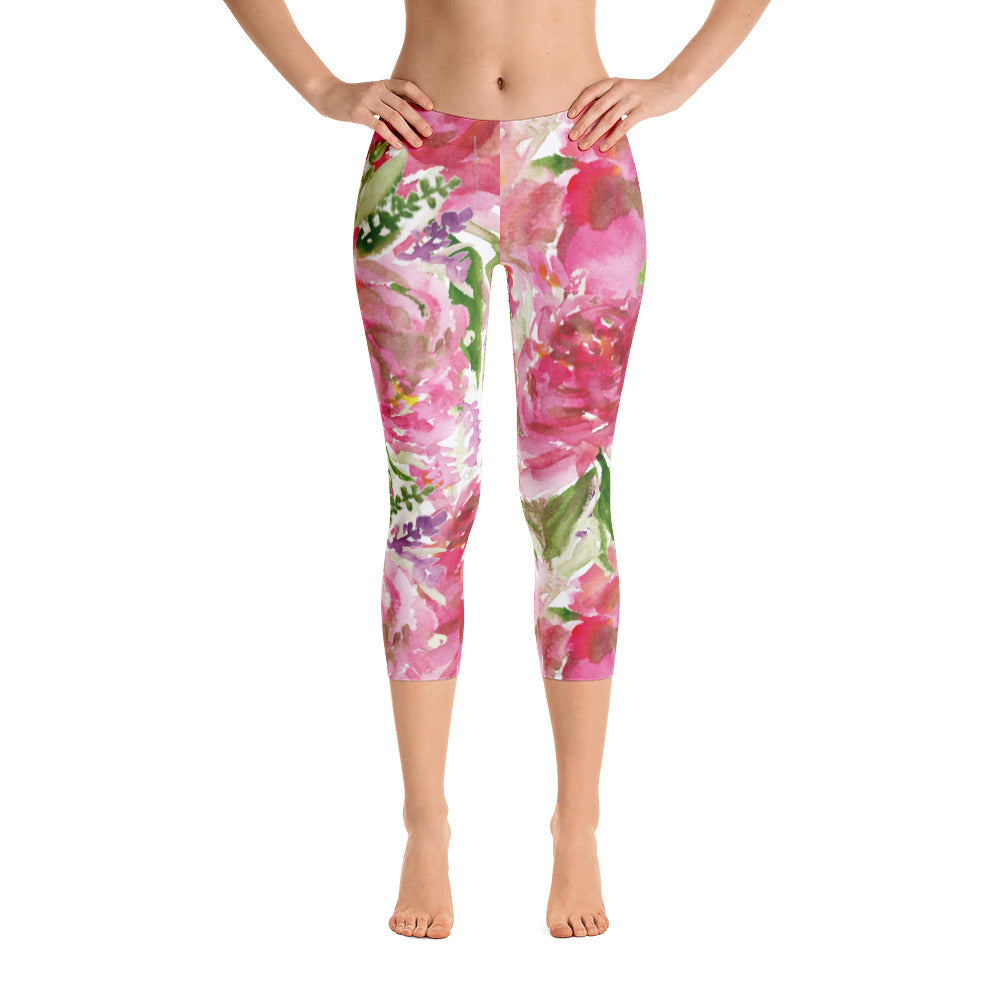 Pink Flower Women's Capris Tights, Princess Rose Floral Designer Casual ...