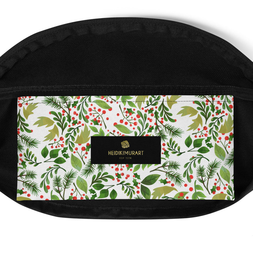 Green White Christmas Fanny Pack, Designer Red Berries Floral Print ...