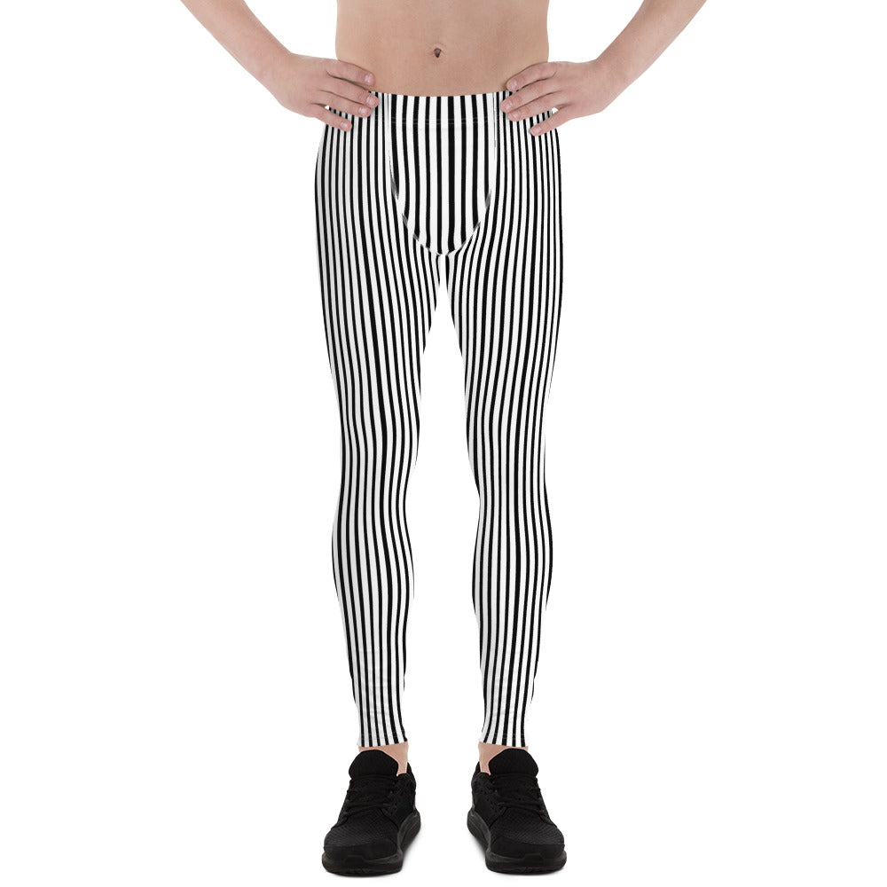 Black White Striped Men's Leggings, Vertically Stripe Print Tights For ...