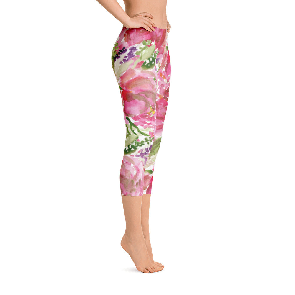 Pink Flower Women's Capris Tights, Princess Rose Floral Designer Casual ...