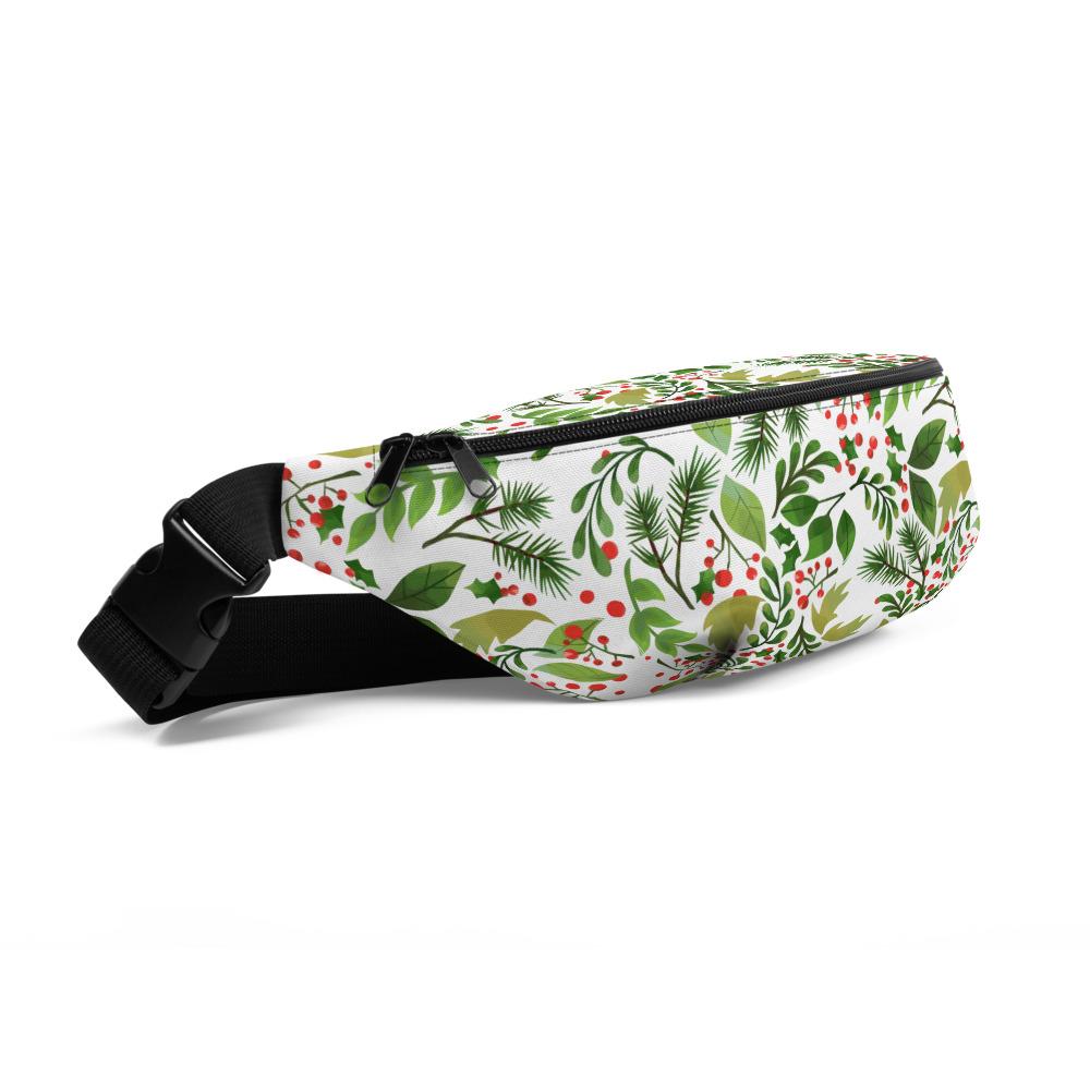 Green White Christmas Fanny Pack, Designer Red Berries Floral Print ...