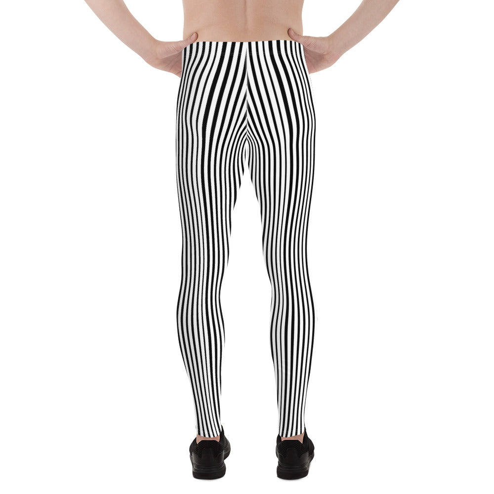 Black White Striped Men's Leggings, Vertically Stripe Print Tights For ...