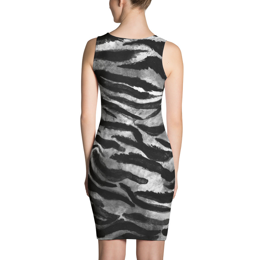 Grey Tiger Stripes Dress, Tiger Striped Animal Print Women's Sleeveless ...