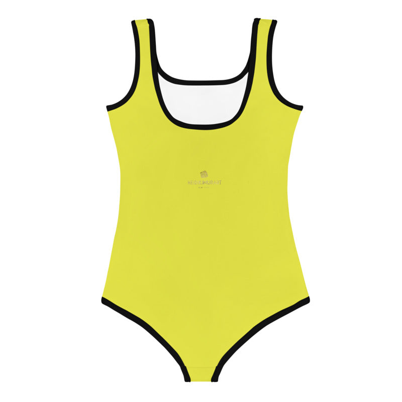 Girl's Yellow Color Swimsuit, Solid Color Print Kids Premium Swimwear ...