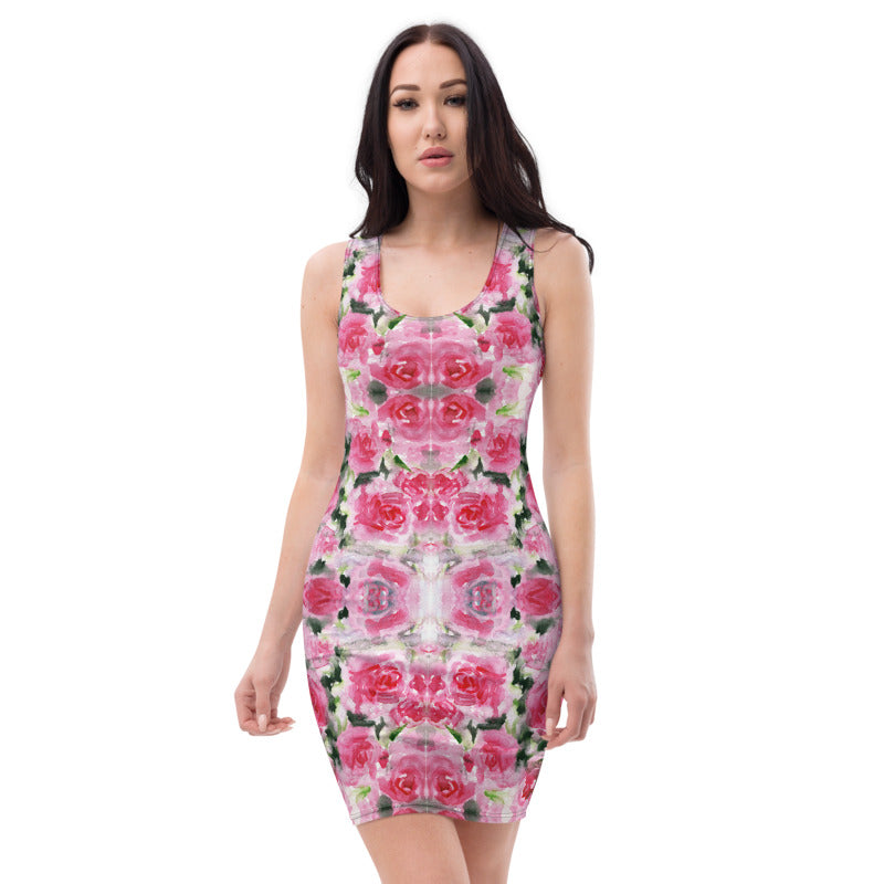 Pink Roses Floral Print Dress, Best Rose Flower Designer Sleeveless ...