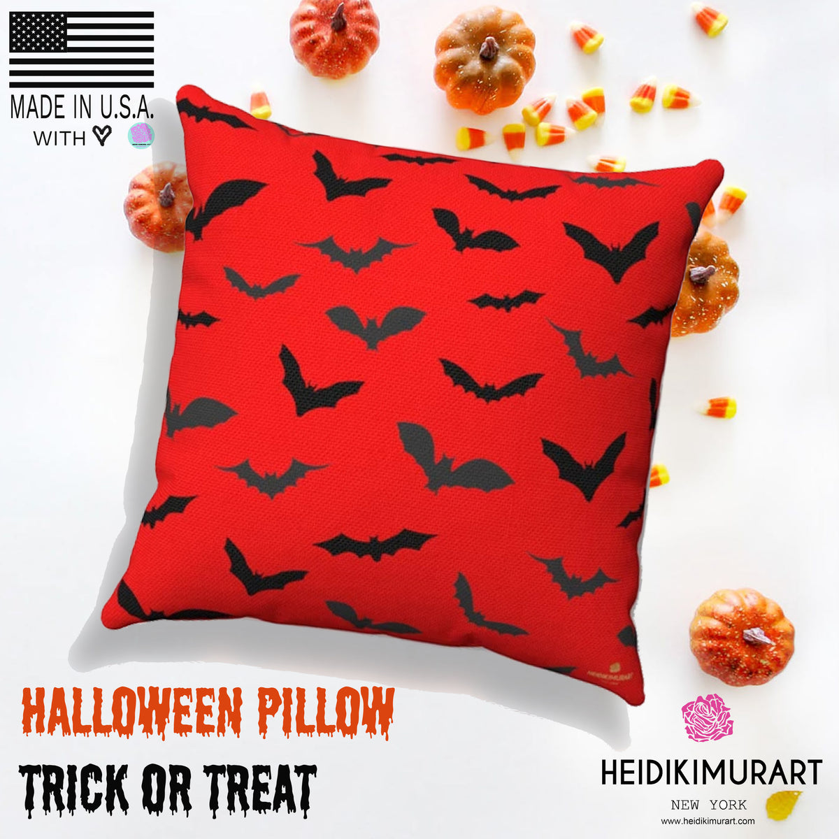 Red Gray Black Bats Print Halloween Pillow Spun Polyester Square Pillow ...