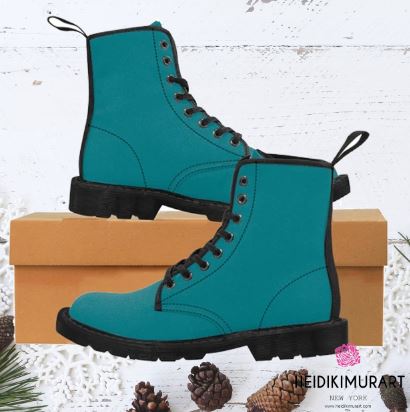Teal Blue Women's Boots, Classic Solid Color Comfy Winter Lace-up Toe ...